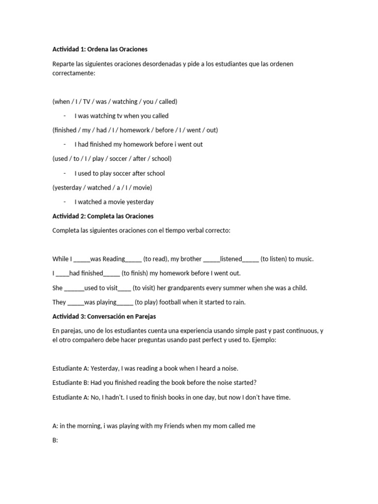 Taller de Práctica de Tiempos Verbales en Pasado 2 | PDF