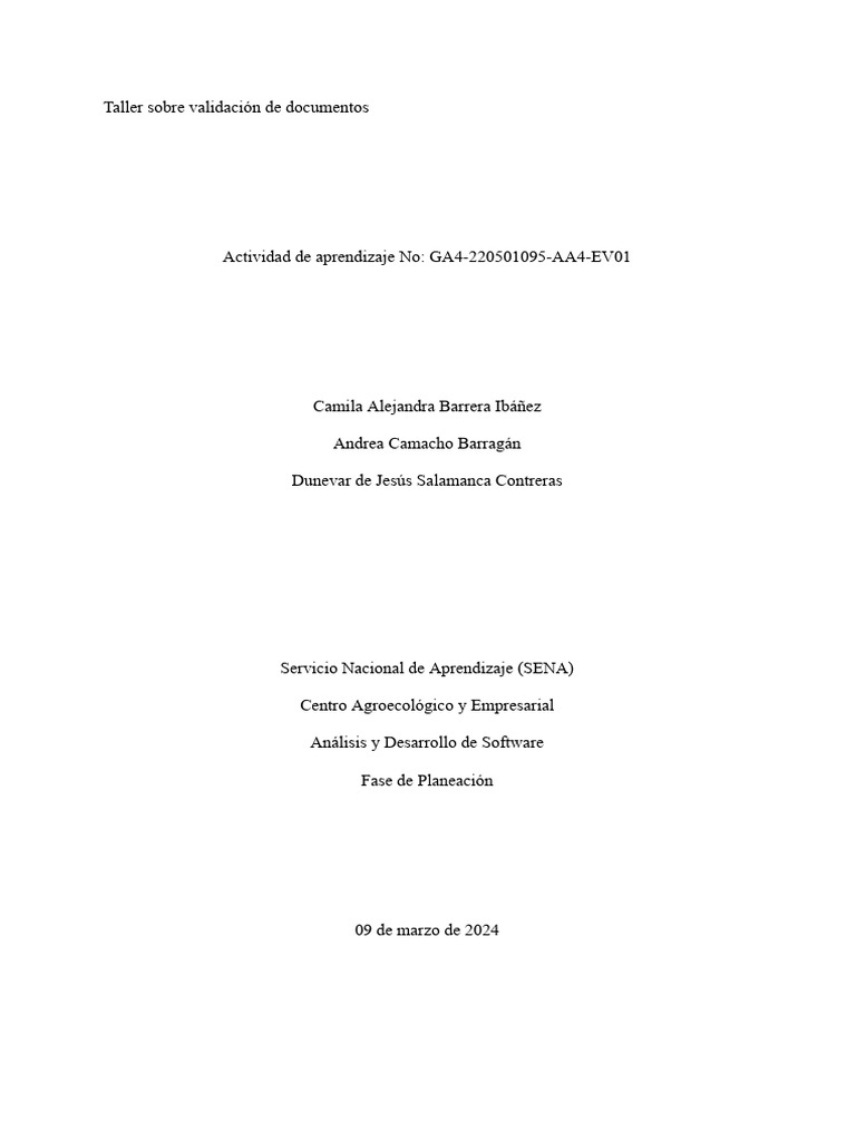 Taller Sobre Validación de Documentos GA4-220501095-AA4-EV01 | PDF