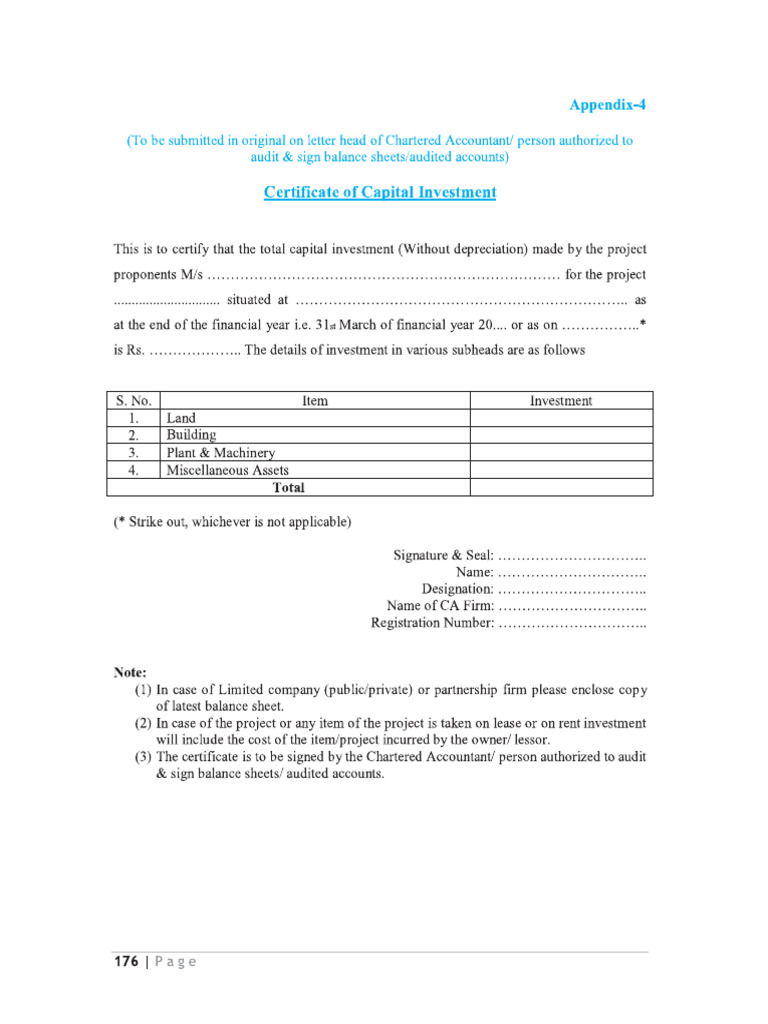 10 Format For Certificate For Capital Investment To Be Submitted in ...