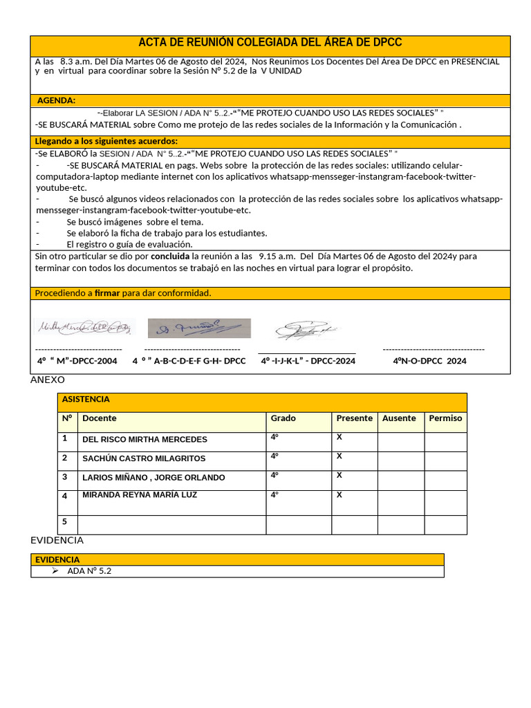 Cuarto ACTA DE REUNIÓN COLEGIADA DEL ÁREA DE DPCC 06-08-2024 | PDF