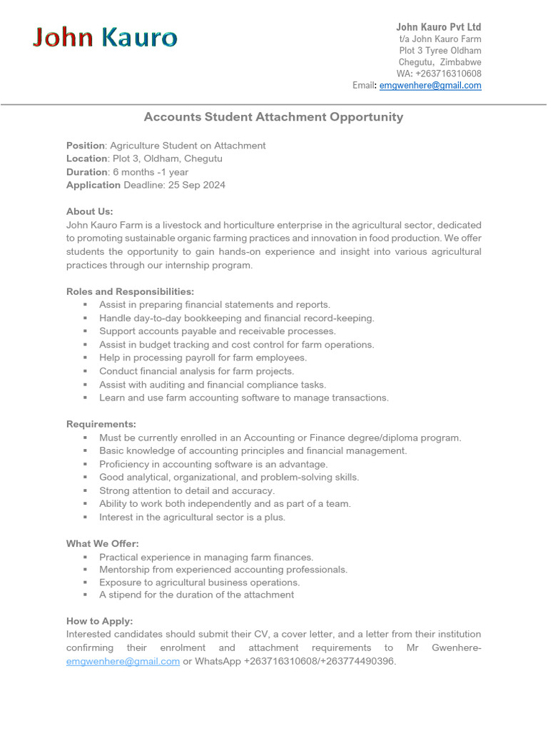 Accounting Student Attachment Opportunity | PDF
