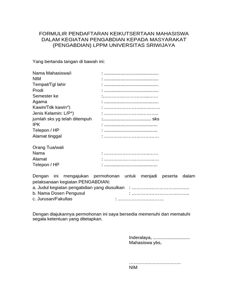 Formulir Keikutsertaan Mahasiswa | PDF