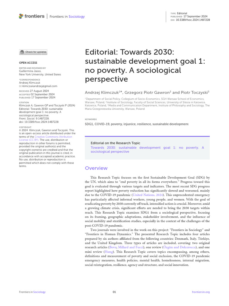 Editorial Towards 2030 Sustainable Development Goal 1 No Poverty A