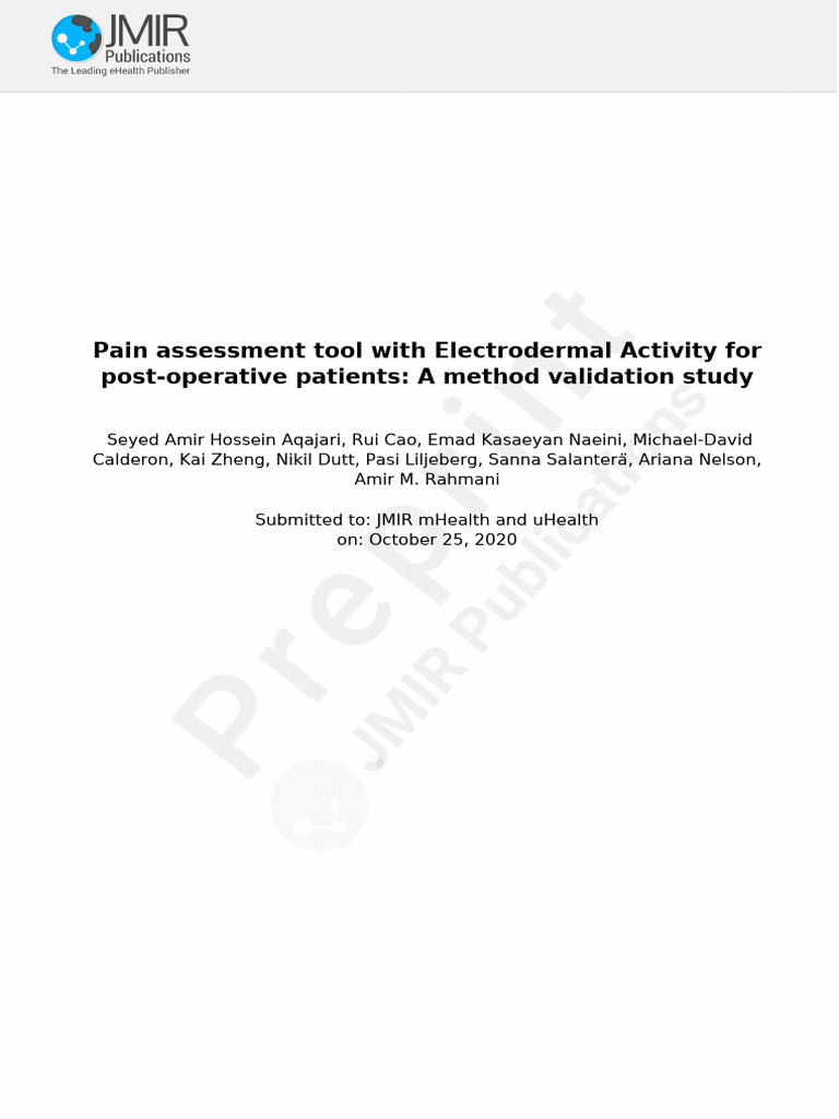 Pain Assessment Tool With Electrodermal Activity For Post-Operative Patients: A Method ...