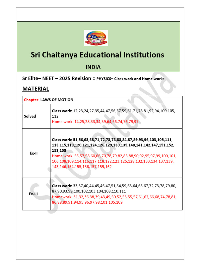 SR Elite - Class Work & Home Work Numbers - Laws of Moiton - KK Sir | PDF