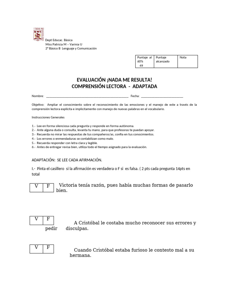 Prueba Nada Me Resulta Adaptada | PDF