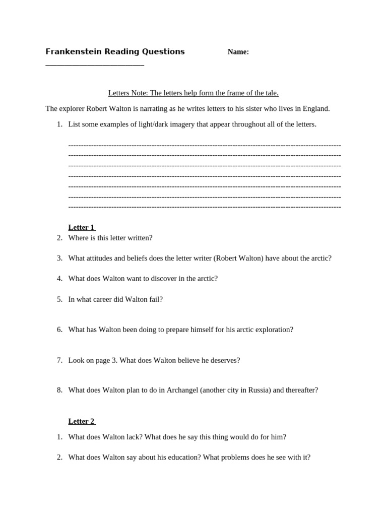 Frankenstein Reading Questions From Preface To Chapter 4 | PDF