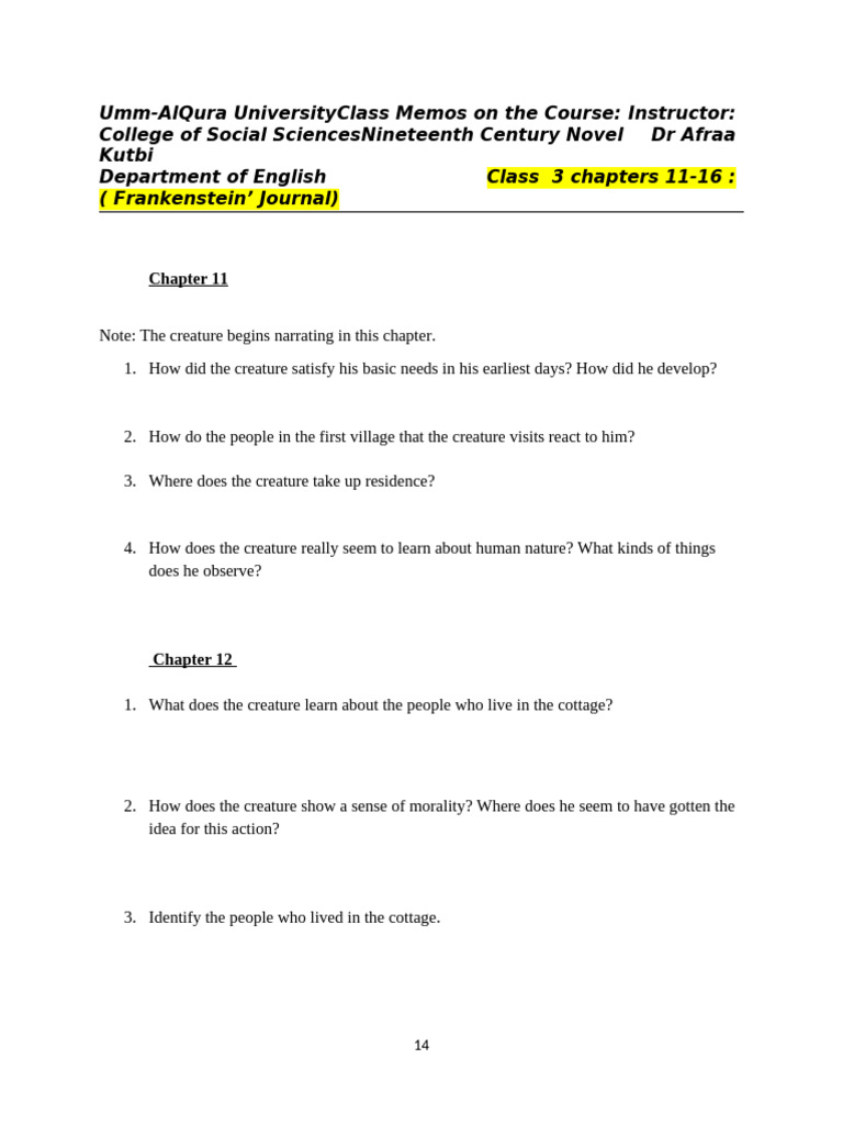 Frankenstein Reading Q Chapters 11-16 | PDF