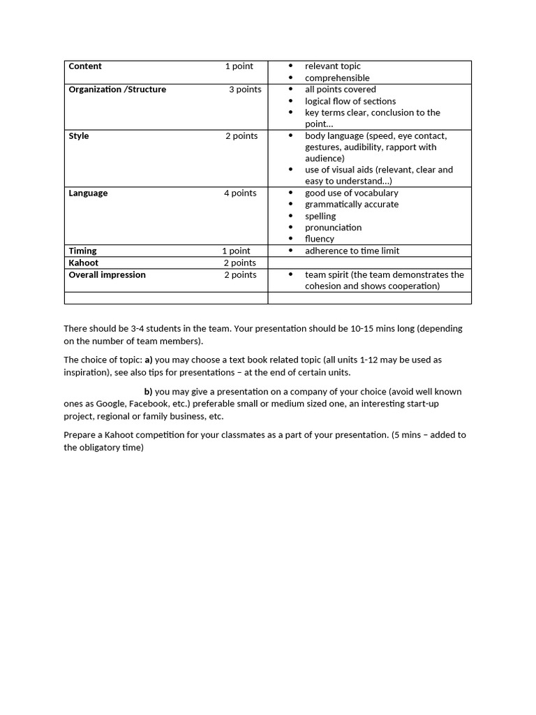 Presentation Assessment Criteria and Instructions | PDF