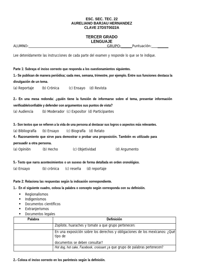 Examen de Lenguaje para Tercer Grado | PDF