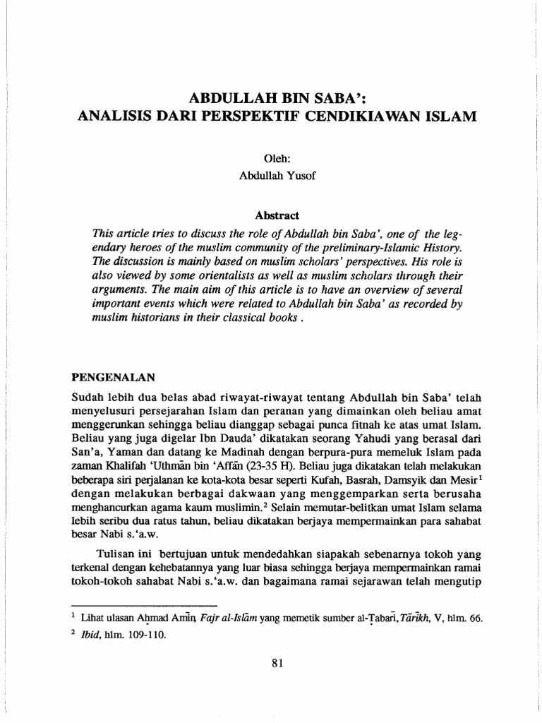 Abdullah Bin Saba': Analisis Dari Perspektif Cendikiawan Islam | PDF