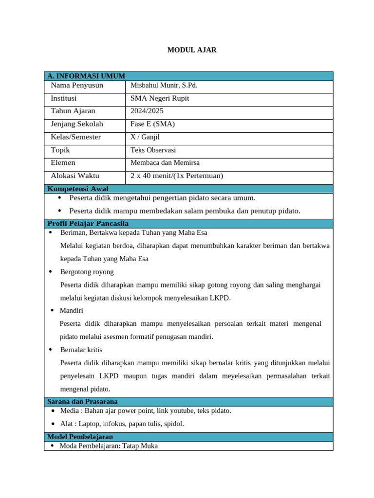 MODUL AJAR CINDY OKTARI - MENGENAL PIDATO Modif | PDF