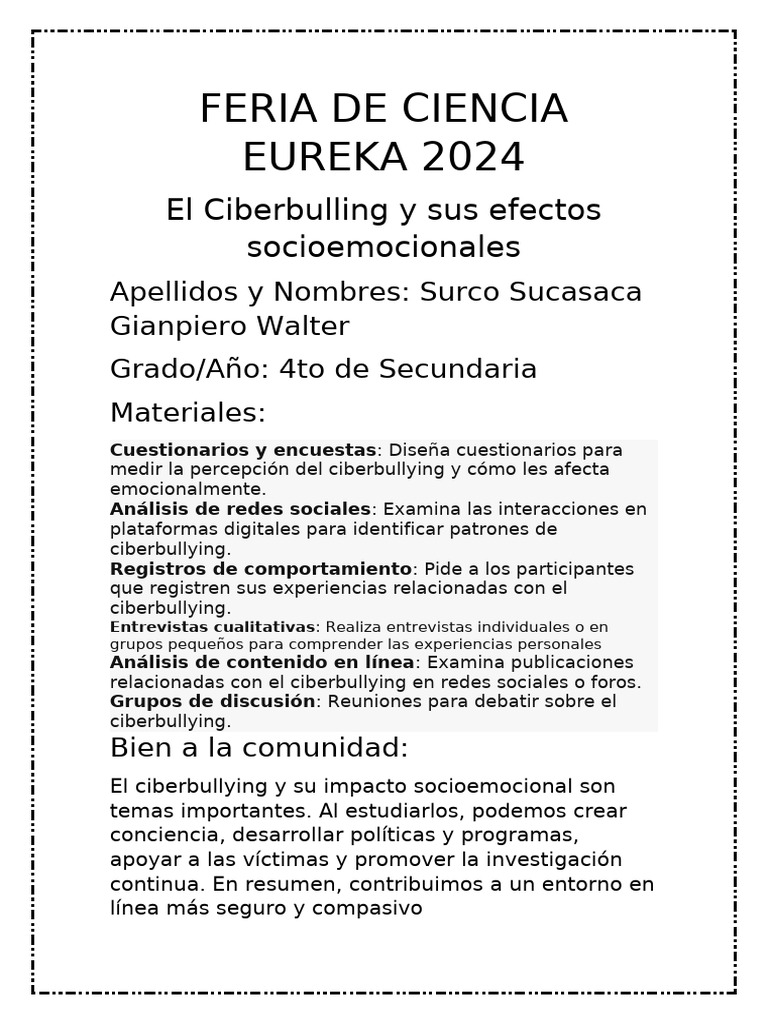 FERIA DE CIENCIA EUREKA 2024 Ciberbulling | PDF