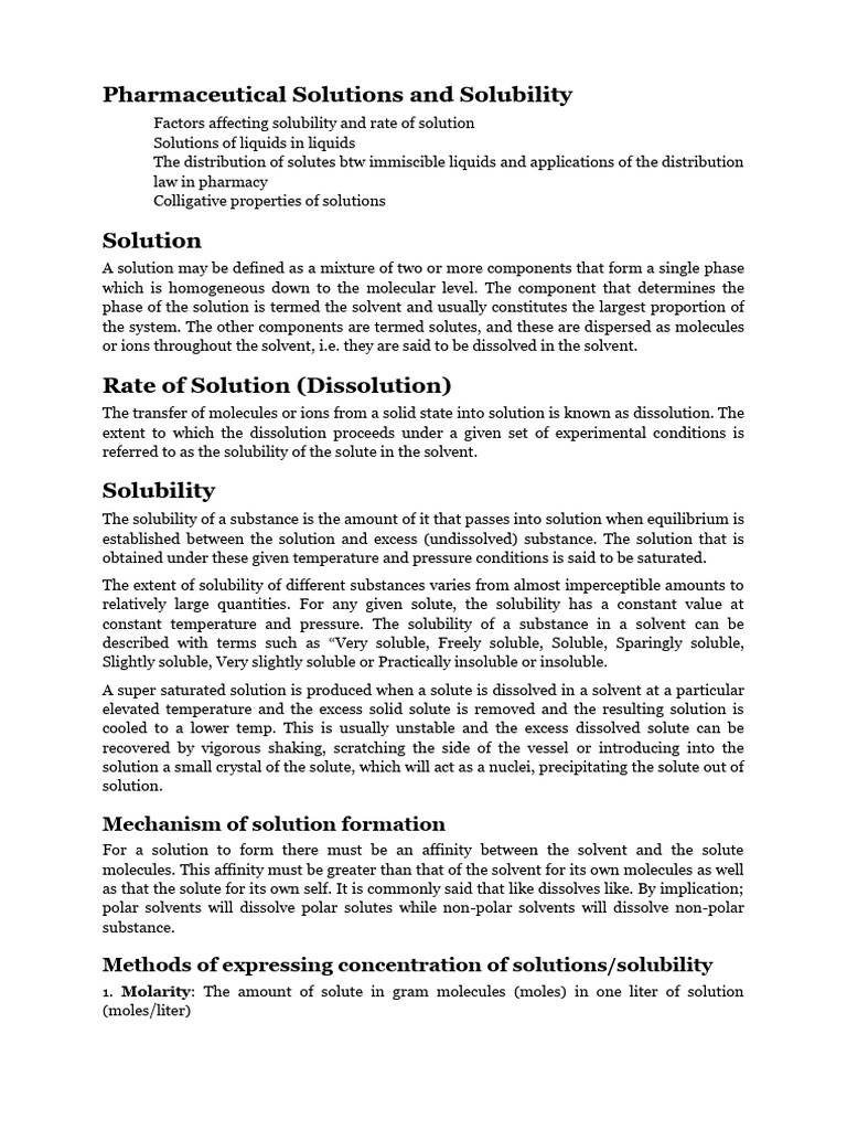 Pharmaceutical Solutions and Solubility | PDF | Solubility | Wellness