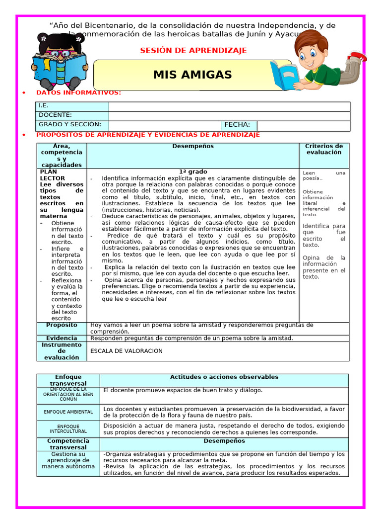 1º U6 S3 Sesion D4 Plan Lector Amigas 998591174 | PDF