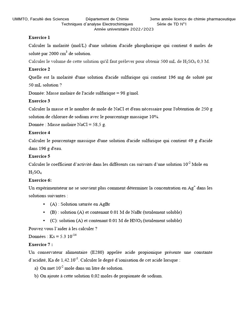Exercice 1: Calculer Le Volume de Cette Solution Qu'il Faut Prélever ...