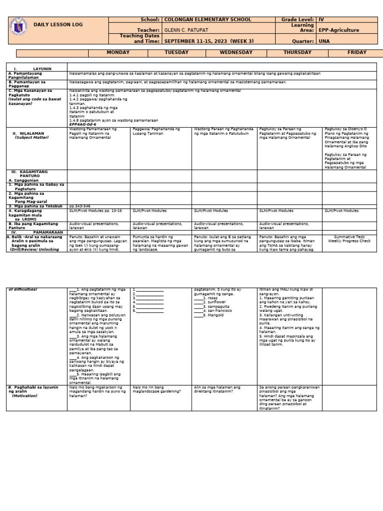 DLL EPP4 AGRI Week-3 | PDF