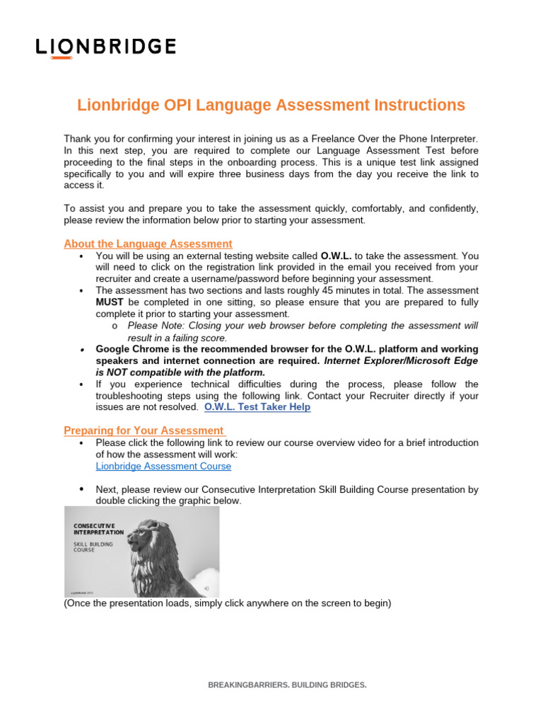 Lionbridge OPI - Language Assessment Instructions | PDF