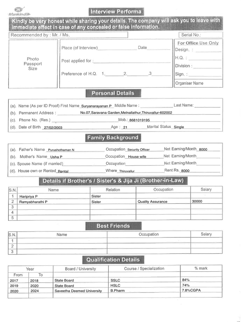 Interview Perfoma | PDF