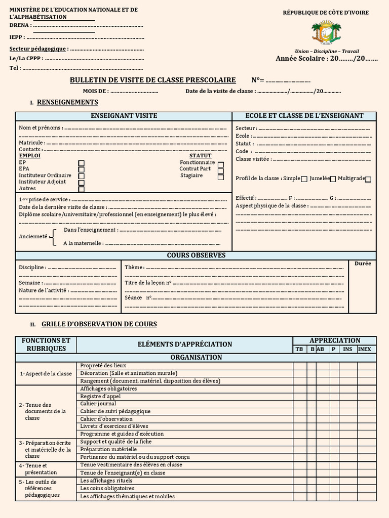 Bulletin de Visite de Classe Maternelle Auto-2 | PDF