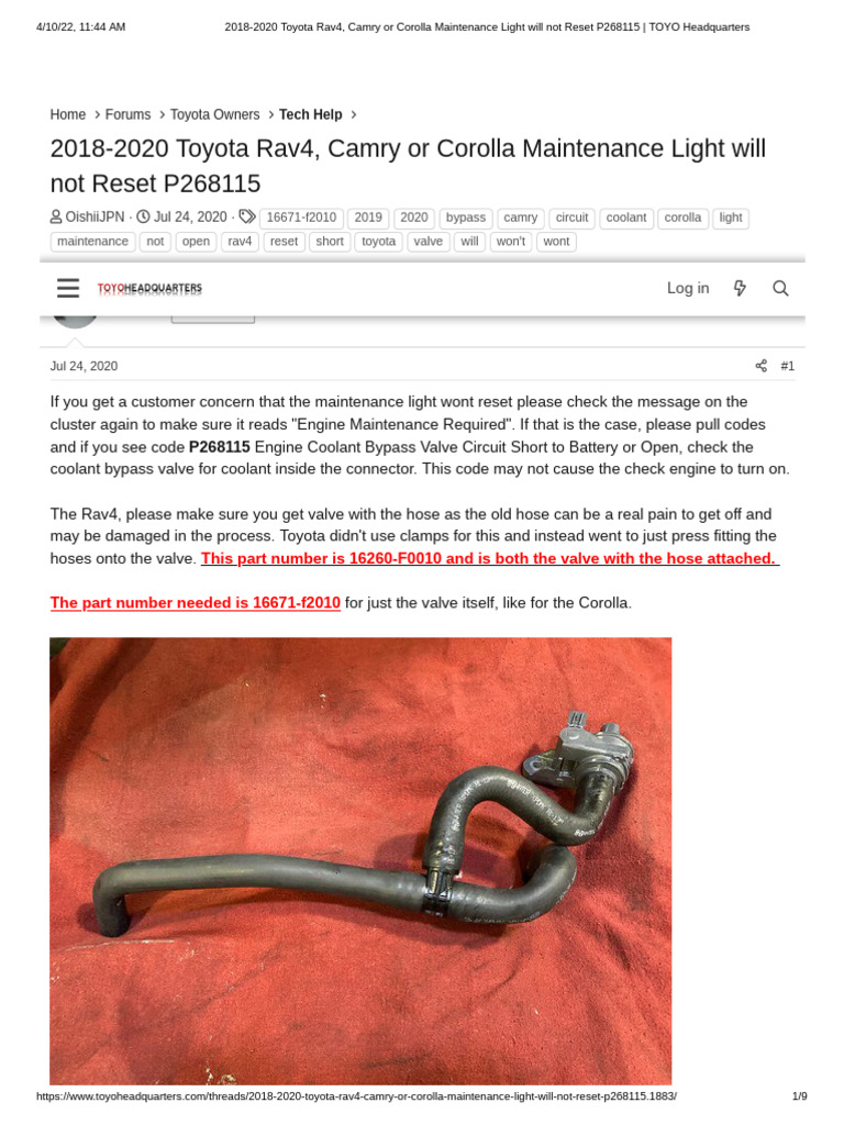2018-2020 Toyota Rav4, Camry or Corolla Maintenance Light Will Not ...