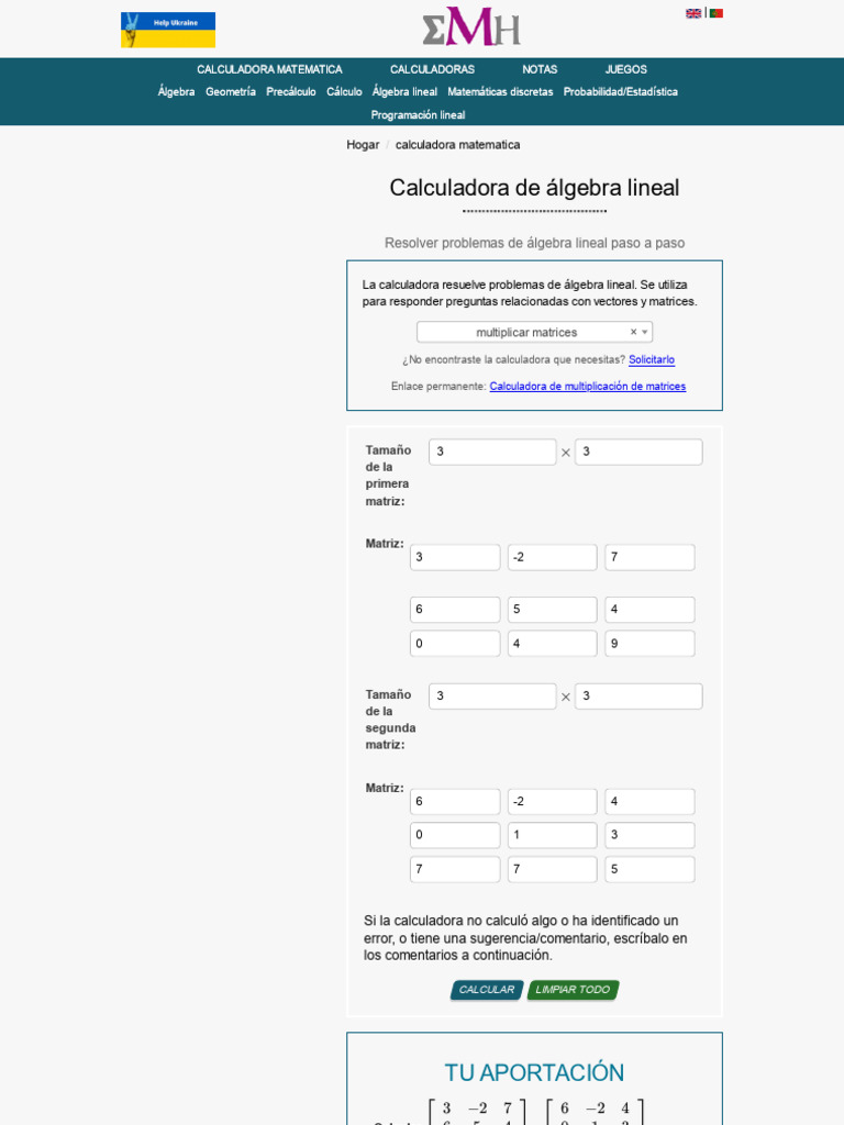 Calculadora de Álgebra Lineal - eMathHelp | PDF
