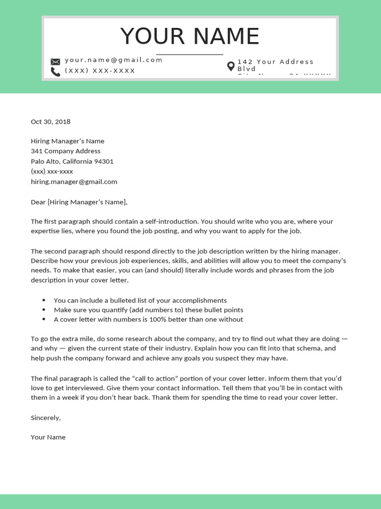 Cosmopolitan Cover Letter Template Green | PDF