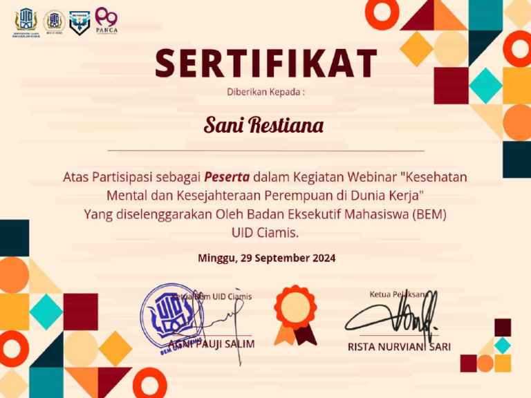 Sertifikat - Sani Restiana | PDF