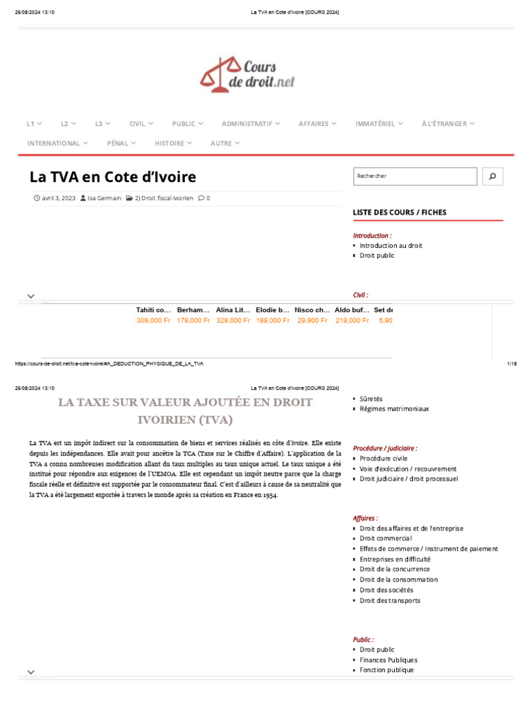 La TVA en Cote D'ivoire (COURS 2024) | PDF