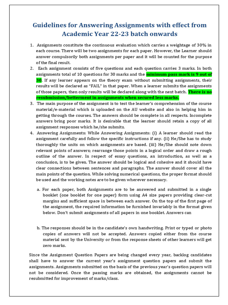Guidelines For Answering Assignments With Effect From Academic Year 22 ...