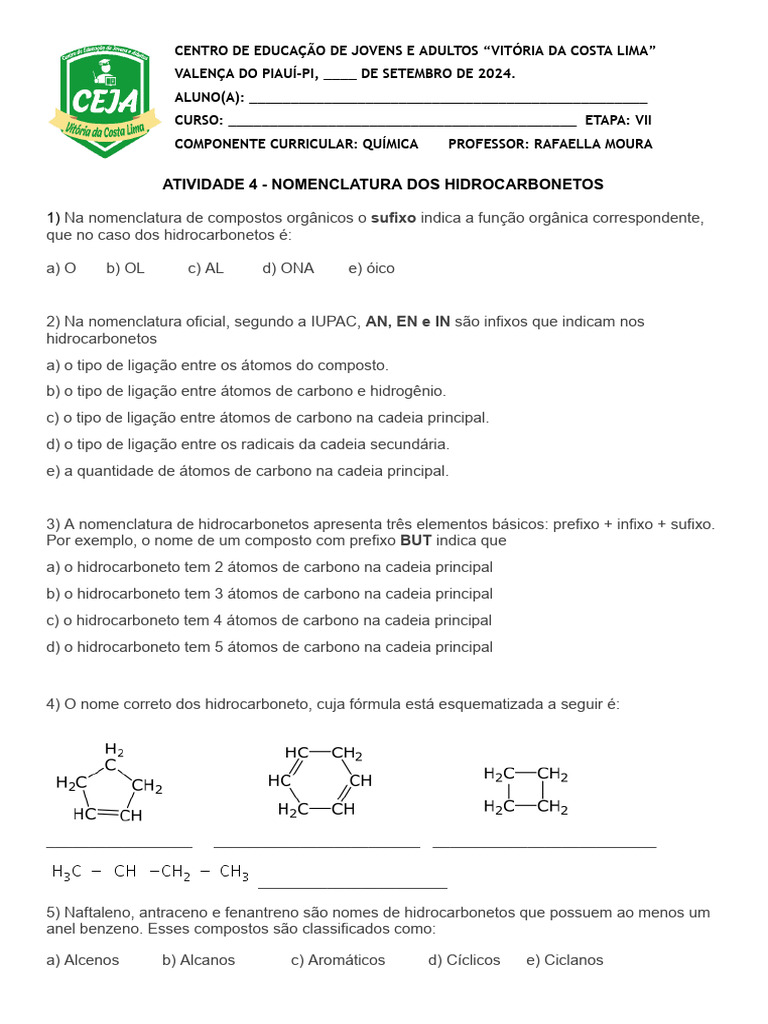 Ativ 4 Quí VII - NOMENCLATURA DOS HIDROCARBONETOS | PDF