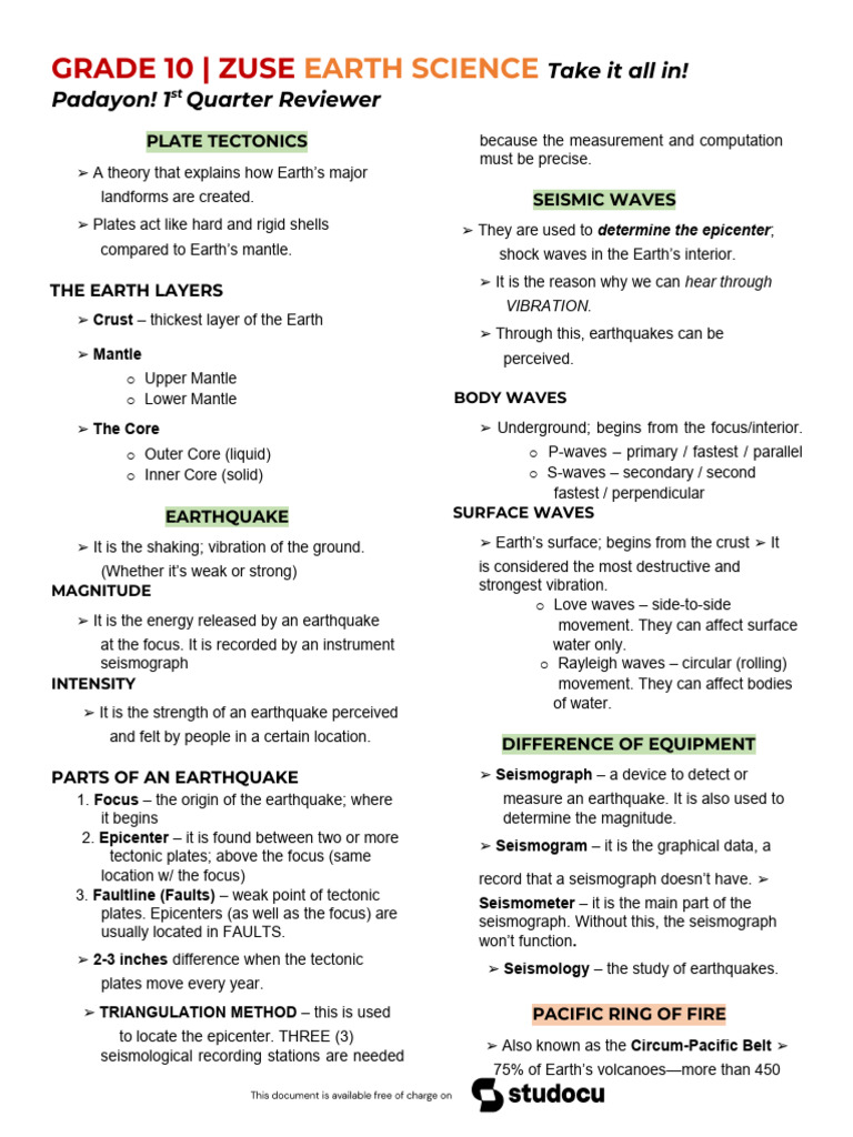 Science 10 - 1st Quarter Reviewer | PDF | Plate Tectonics | Convection