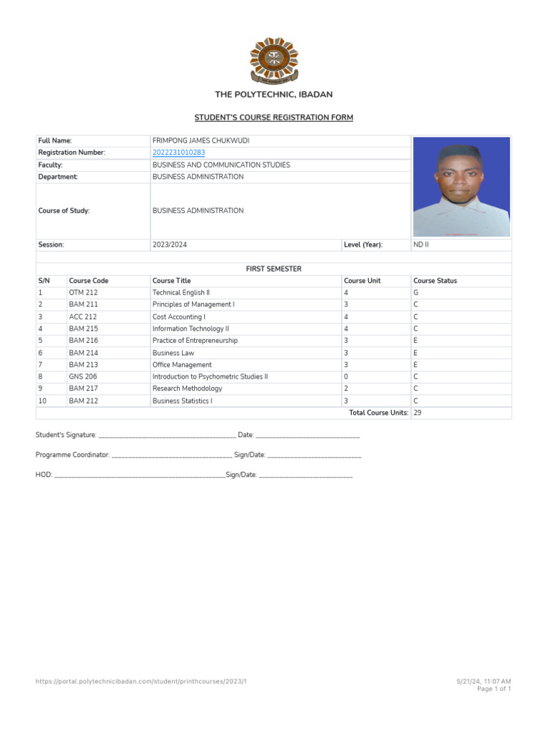 First Semester Course Form | PDF