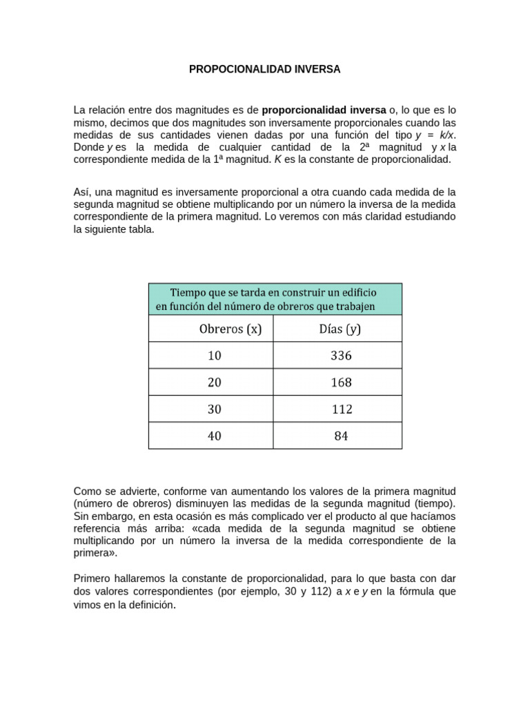 Proporcionalidad Inversa: Conceptos y Propiedades | PDF | Matemáticas