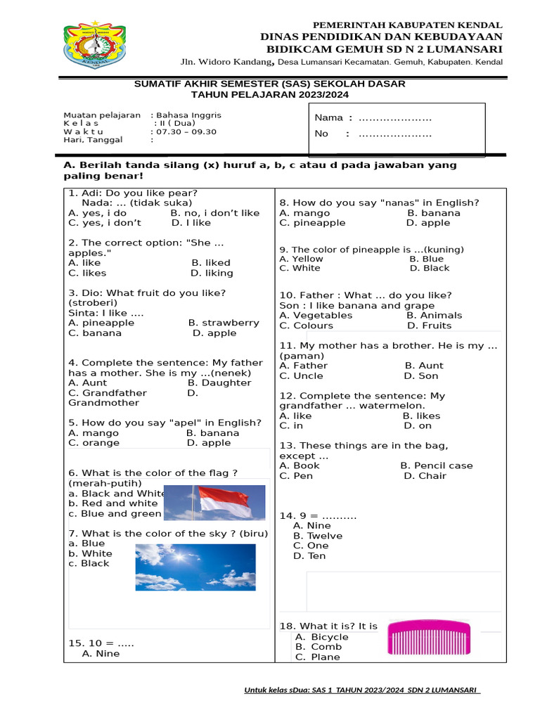 Sas 1 2023 Bhs Inggris Kls 2 Kurdek | PDF