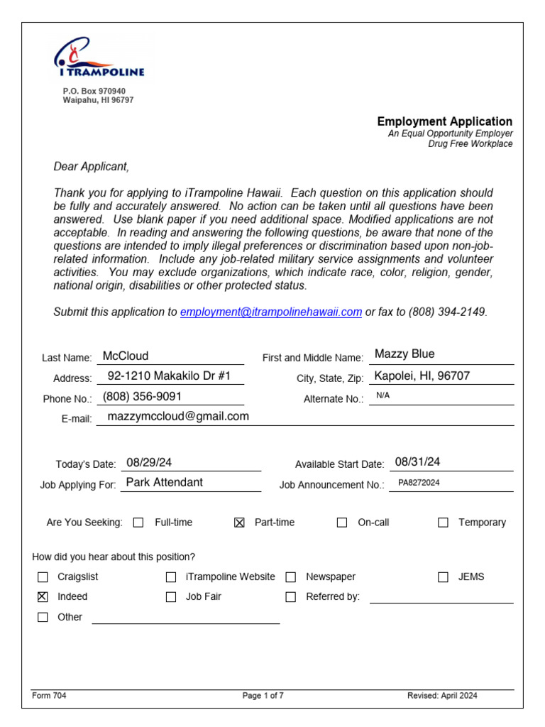 Itrampoline Hawaii Employment Application | PDF | Employment | Business