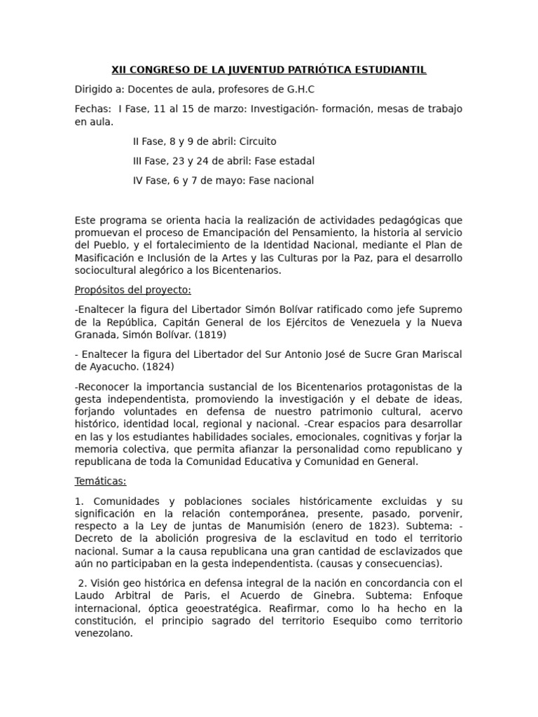 Xii Congreso de La Juventud Patriótica Estudiantil | PDF