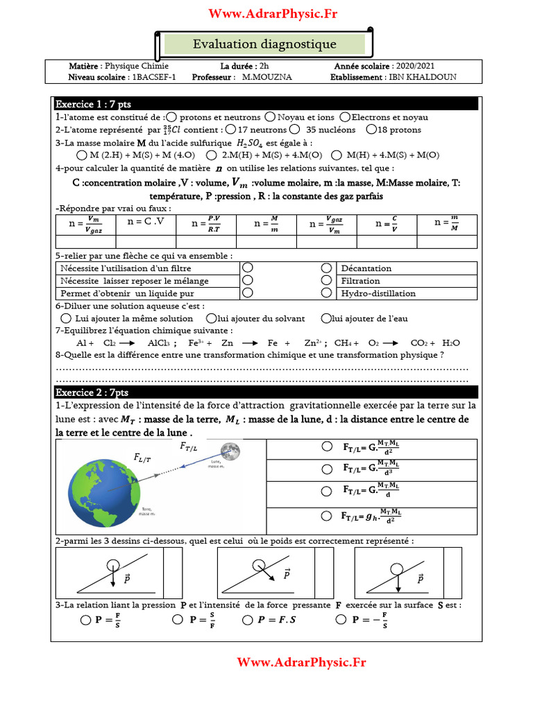 Test Diagnostique 2 - 2020 - 2021 1BAC FR | PDF