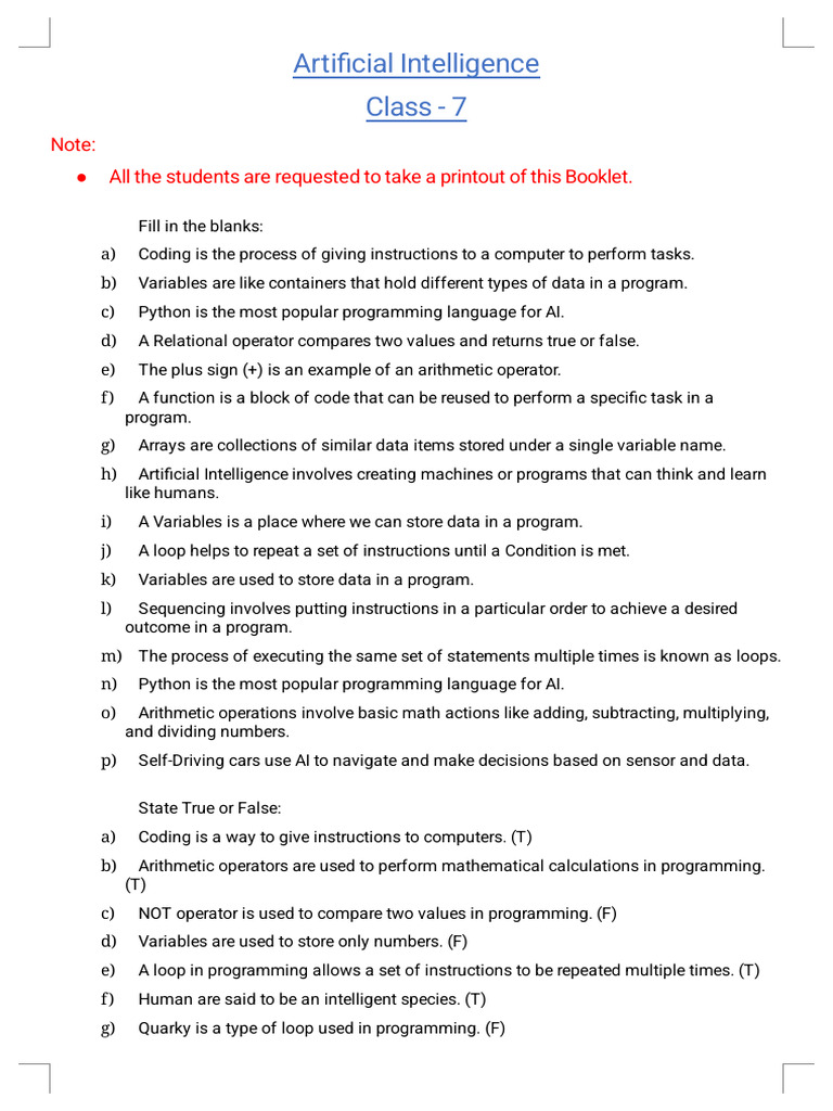 Artificial Intelligence Class 7th | PDF | Arithmetic | Teaching Methods ...