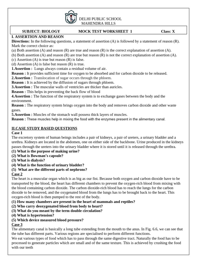 Grade 10 BIOLOGY Mock Test Worksheet 1 | PDF