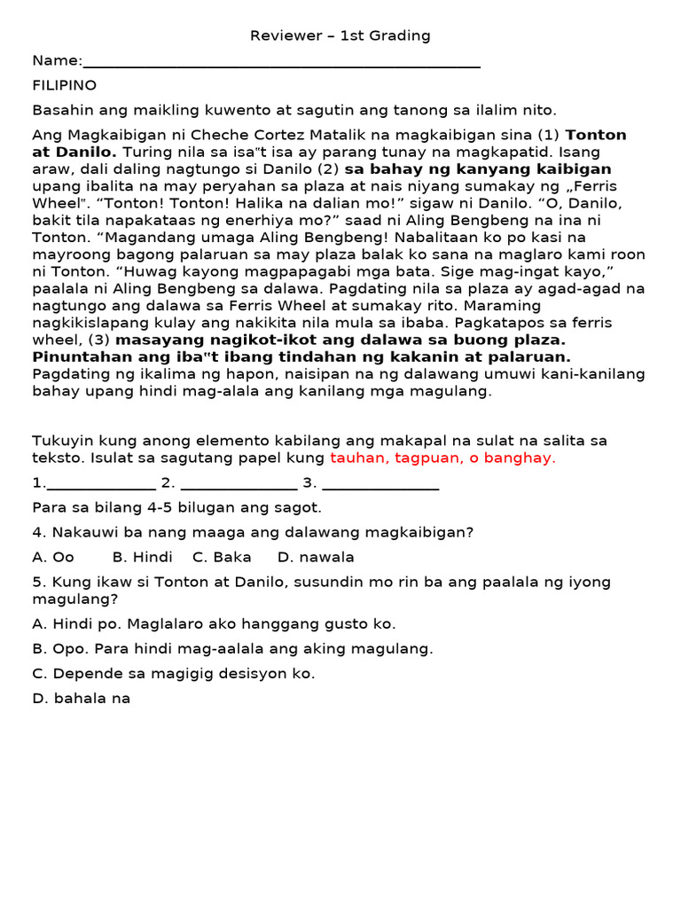 Reviewer Filipino 1st Q | PDF