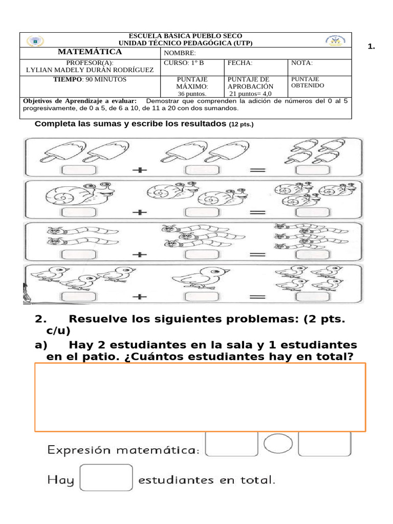 EVALUACIÓN MATEMATICA Sumas Diferenciada 2 Maxi | PDF