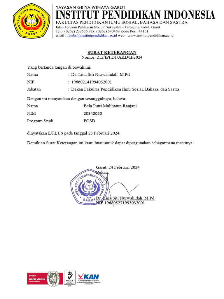 SURAT KETERANGAN LULUS Bela Putri Malihatun Ranjani | PDF