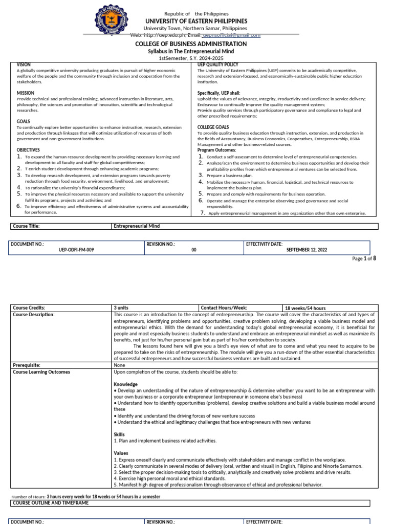 Course Syllabus Entrep Mind | PDF | Entrepreneurship | Business