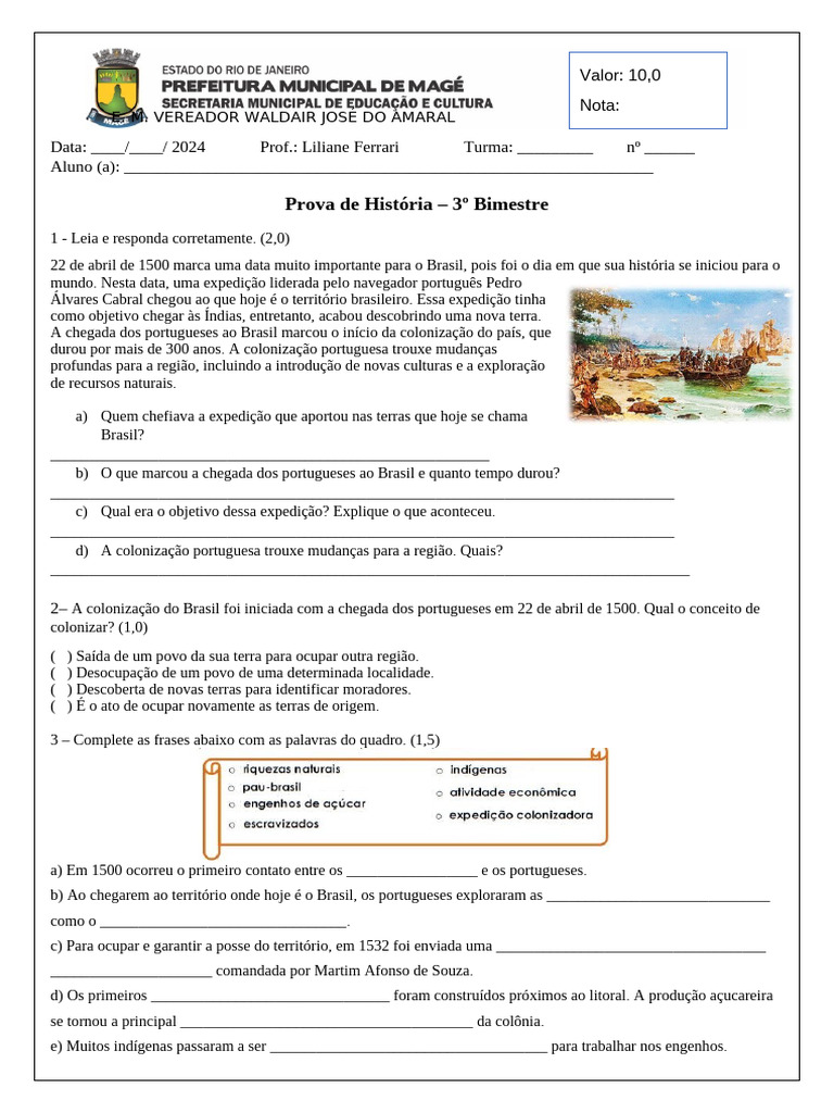 Prova De História 2º B 5º Pdf