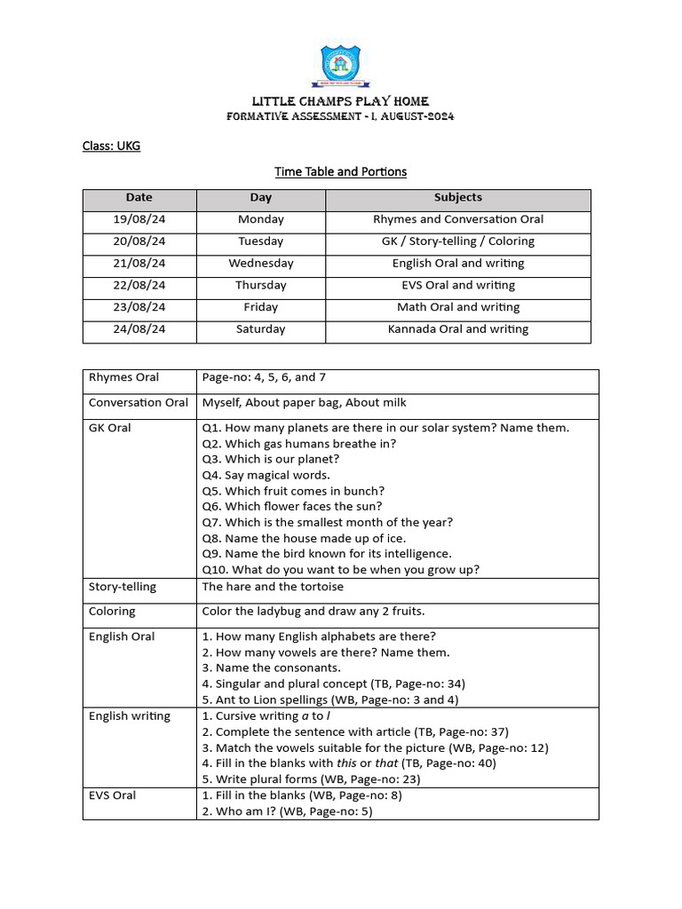 Class: UKG Time Table and Portions: Date Day Subjects | PDF