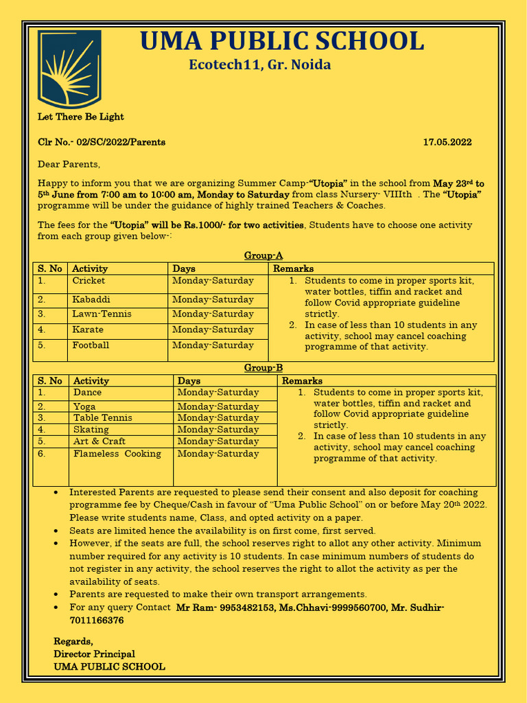 Summer Camp Notice PDF | PDF