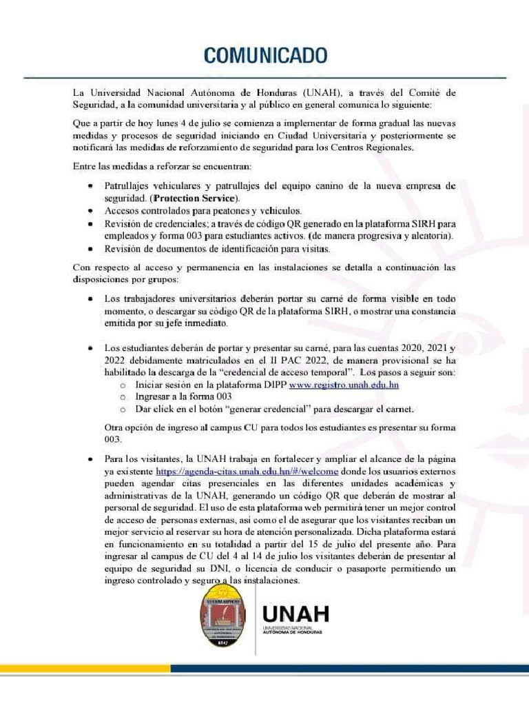 Comunicado 4 de Julio Disposiciones de Seguridad para El Acceso A Las Instalaciones ...