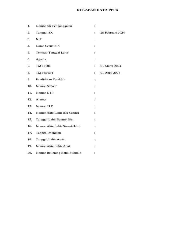 Format Rekap Data Pengurusan Gaji Pppk-1 | PDF