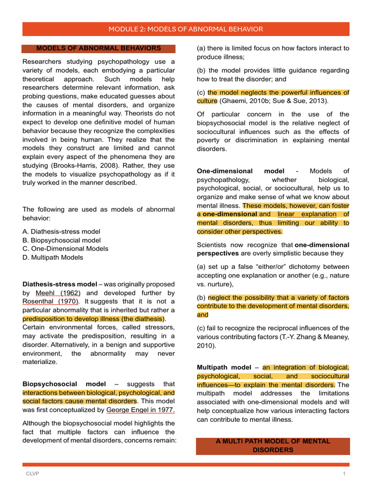 Abnormal Psychology - Models of Abnormal Behavior | PDF